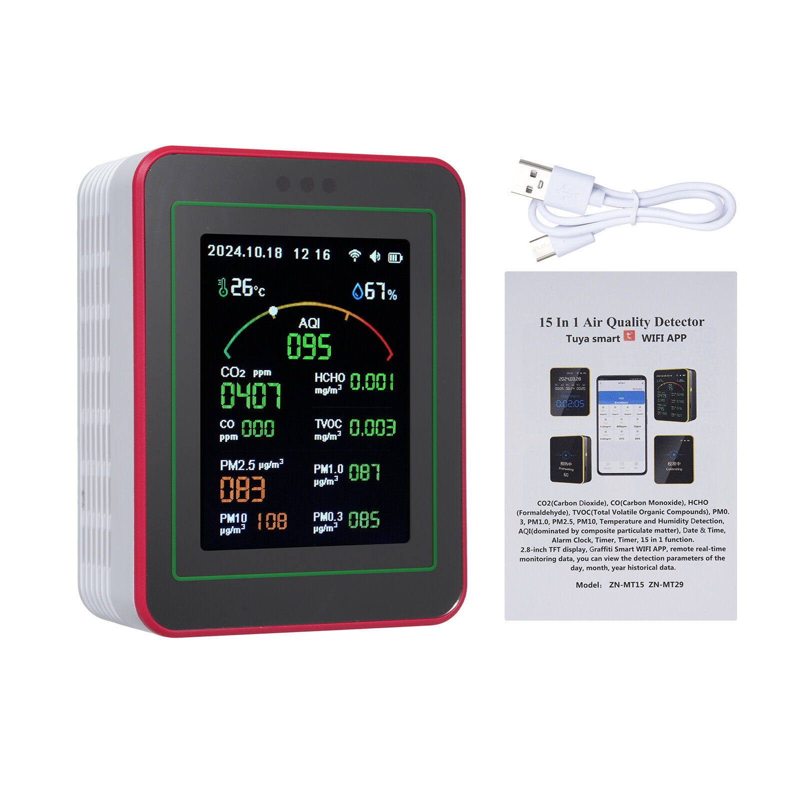Монитор качества воздуха 15-в-1 Умный тестер качества воздуха с CO/CO2/HCHO/TVOC/AQI/PM0.3/PM1.0/PM2.5/PM10/Температурой/Влажностью/Временем/Будильником/Таймером/Обратным таймером Мобильное приложение WiFi для дома и офиса