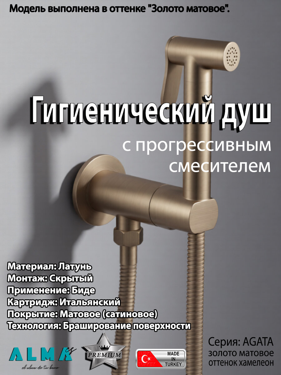 Гигиенический душ с прогрессивным смесителем (для биде) скрытого монтажа AGATA ALMAes AL-877-03 золото матовое латунь
