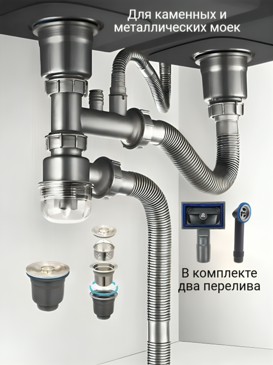Двойной сифон для кухонной мойки из камня или металла. Хром.