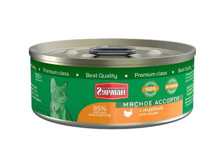 Четвероногий гурман 6 шт по 100 г влажный корм для кошек мясное ассорти с индейкой