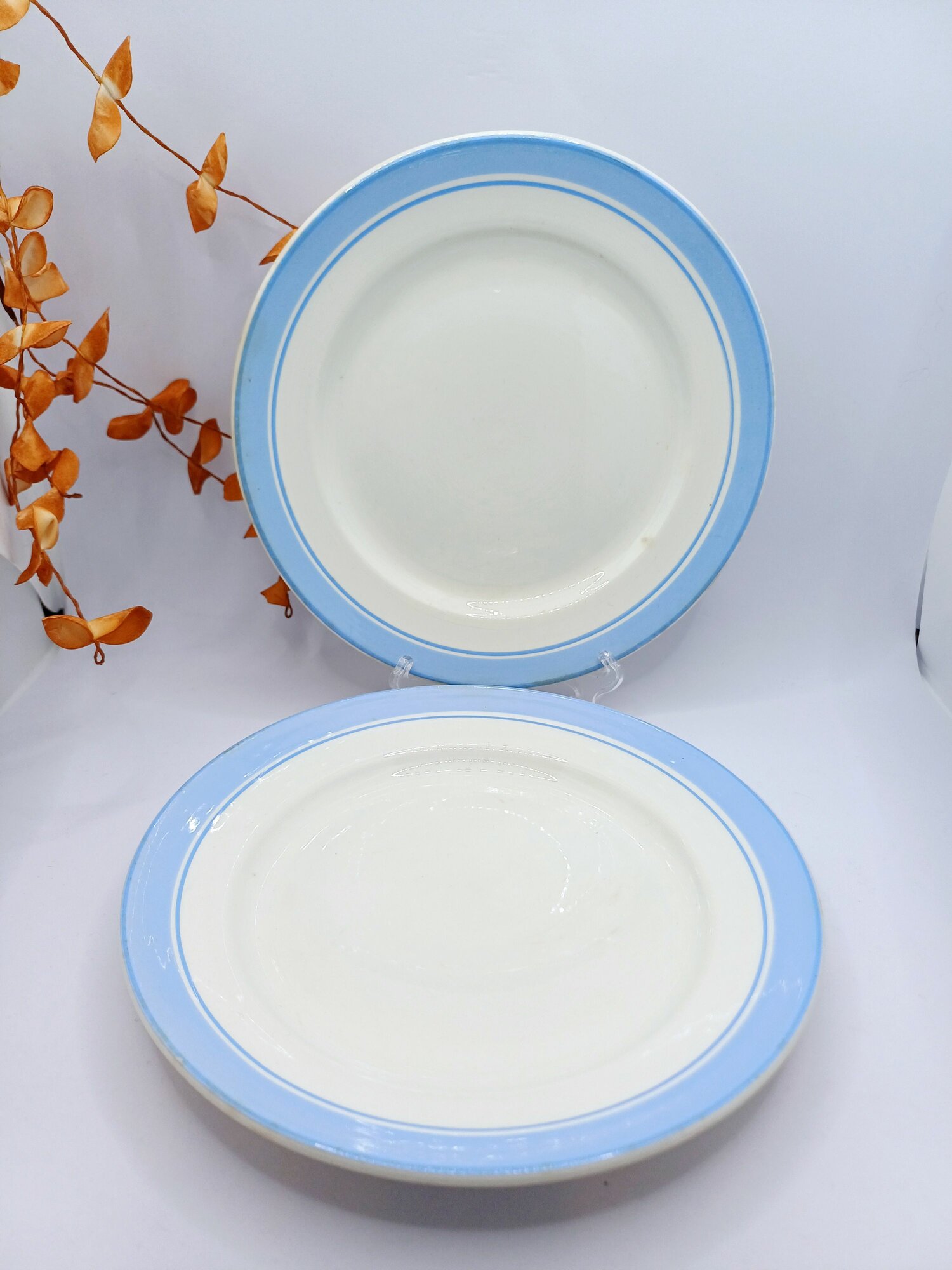 Набор плоских тарелок с голубым краем винтажный, фаянс, ЗиК Конаково СССР