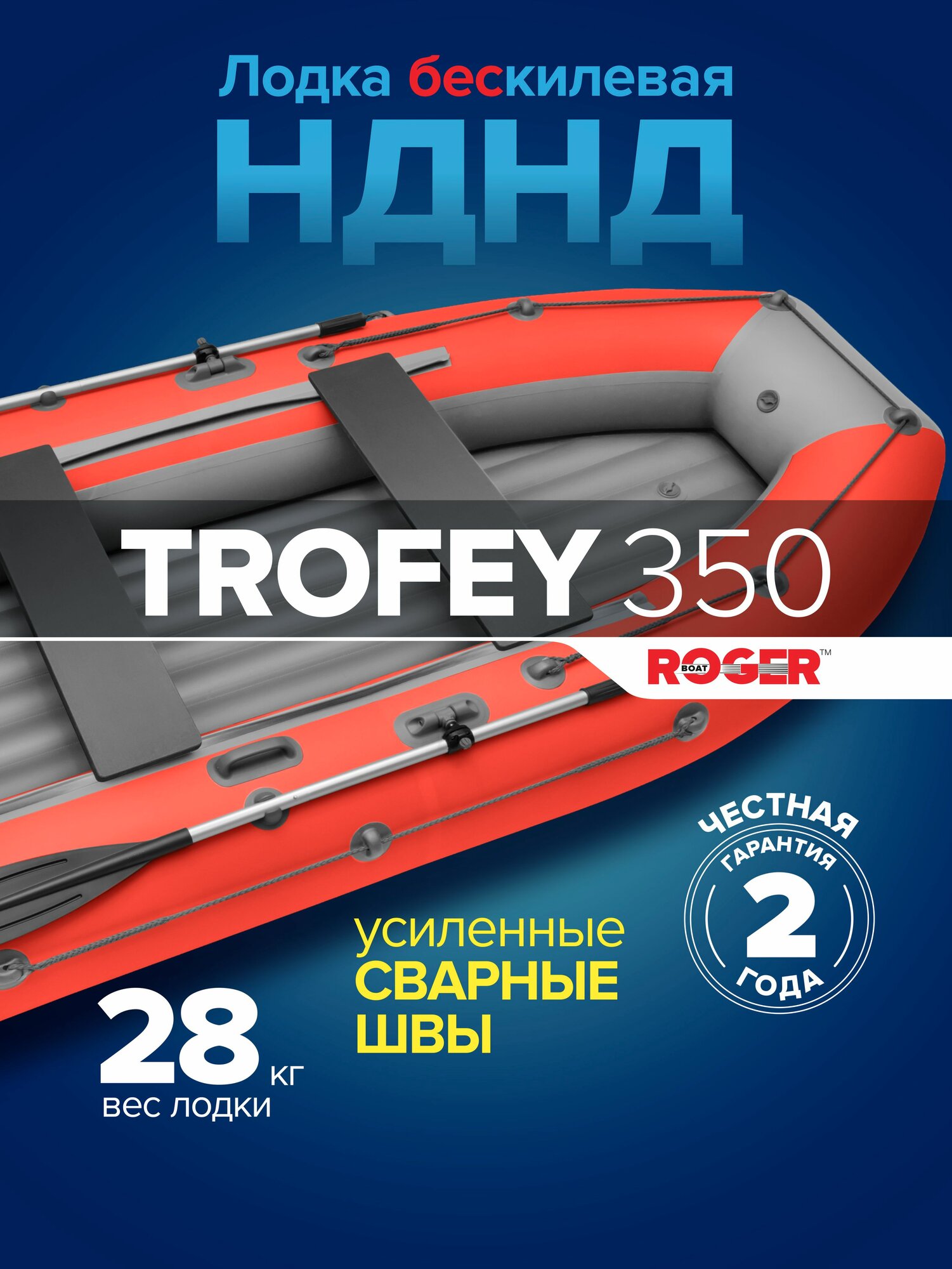 Лодка ПВХ под мотор НДНД ROGER Trofey 350, лодка надувная для рыбалки роджер (красный серый)