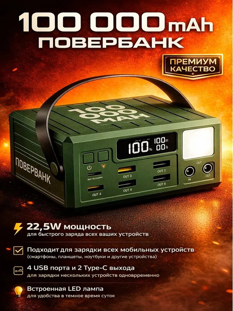 Повербанк 100000 mAH с быстрой зарядкой 22.5W Серый