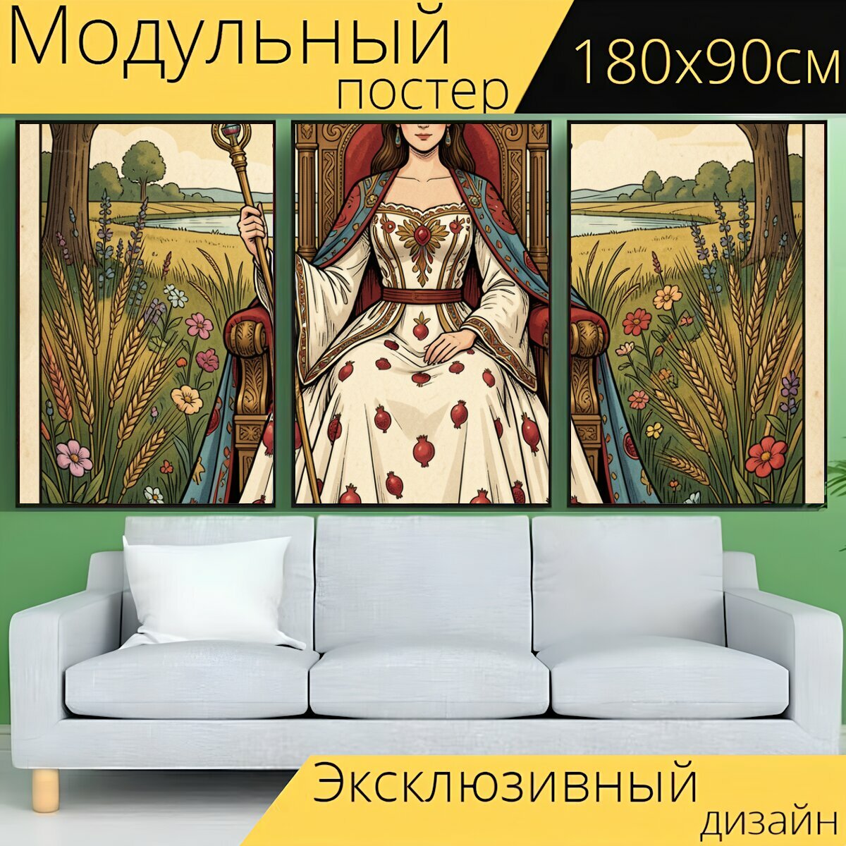 Модульный постер "Сказочная правительница на троне. Величественная девушка в короне и богатом одеянии сидит на резном кресле среди." 180 x 90 см. для интерьера на стену в тубусе