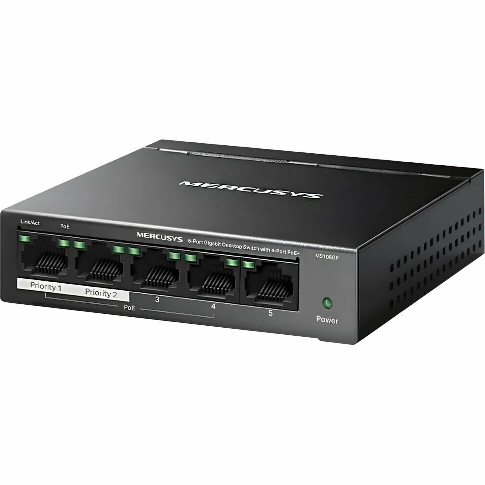 Коммутатор Mercusys MS105GP (L2) 5x1Гбит/с 4PoE+ 65W неуправляемый, 2357472
