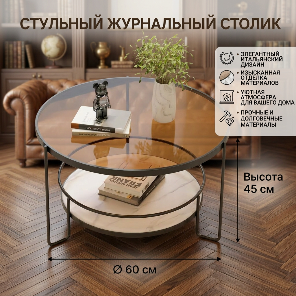 Журнальный столик, журнальный столик из круглого стекла, черный, 60 *60 *45 , для помещений, спальни, гостиной. стол 1