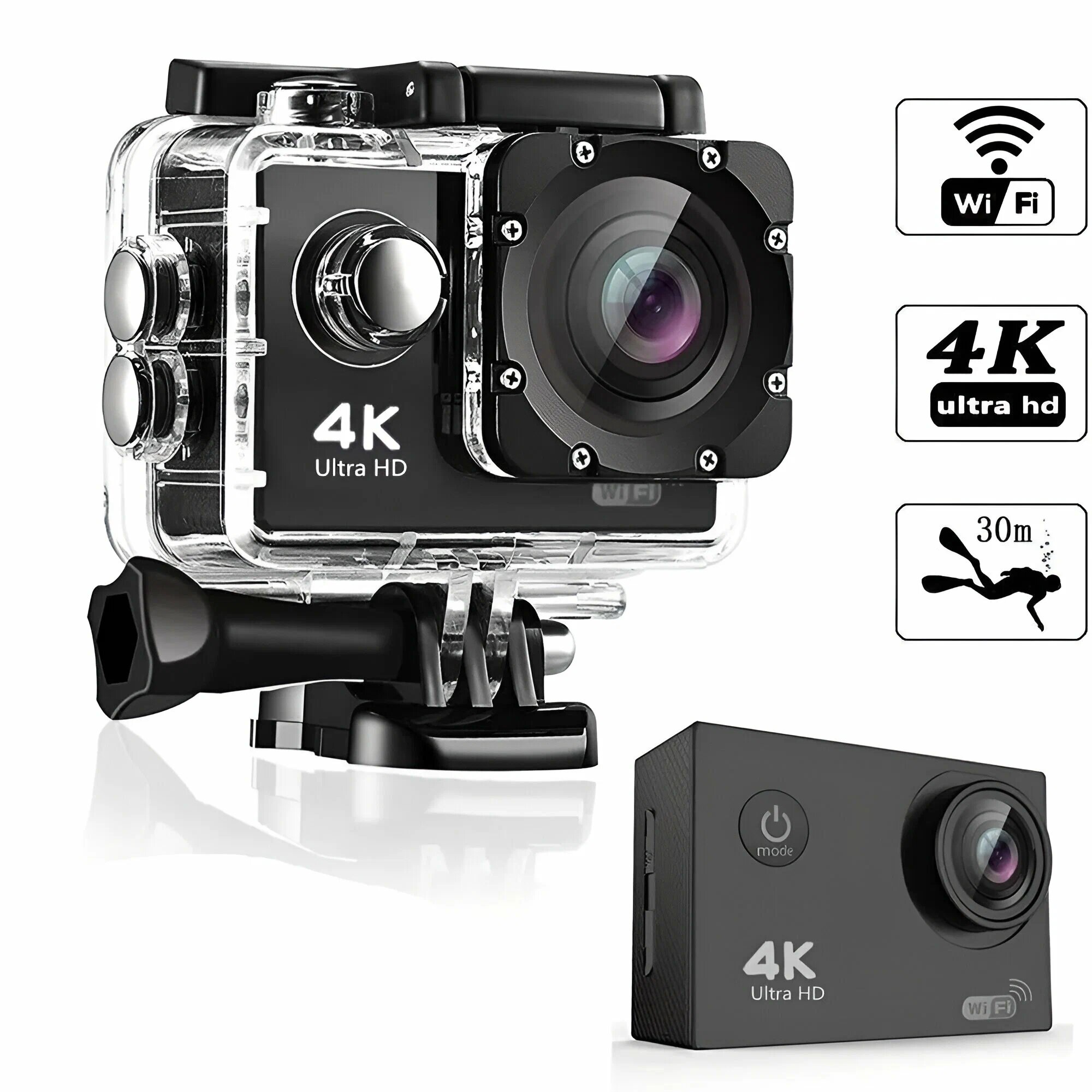Подводная спортивная камера, экран 1,5 дюйма, степень защиты IPX74K, Go Pro, серебристый/черный