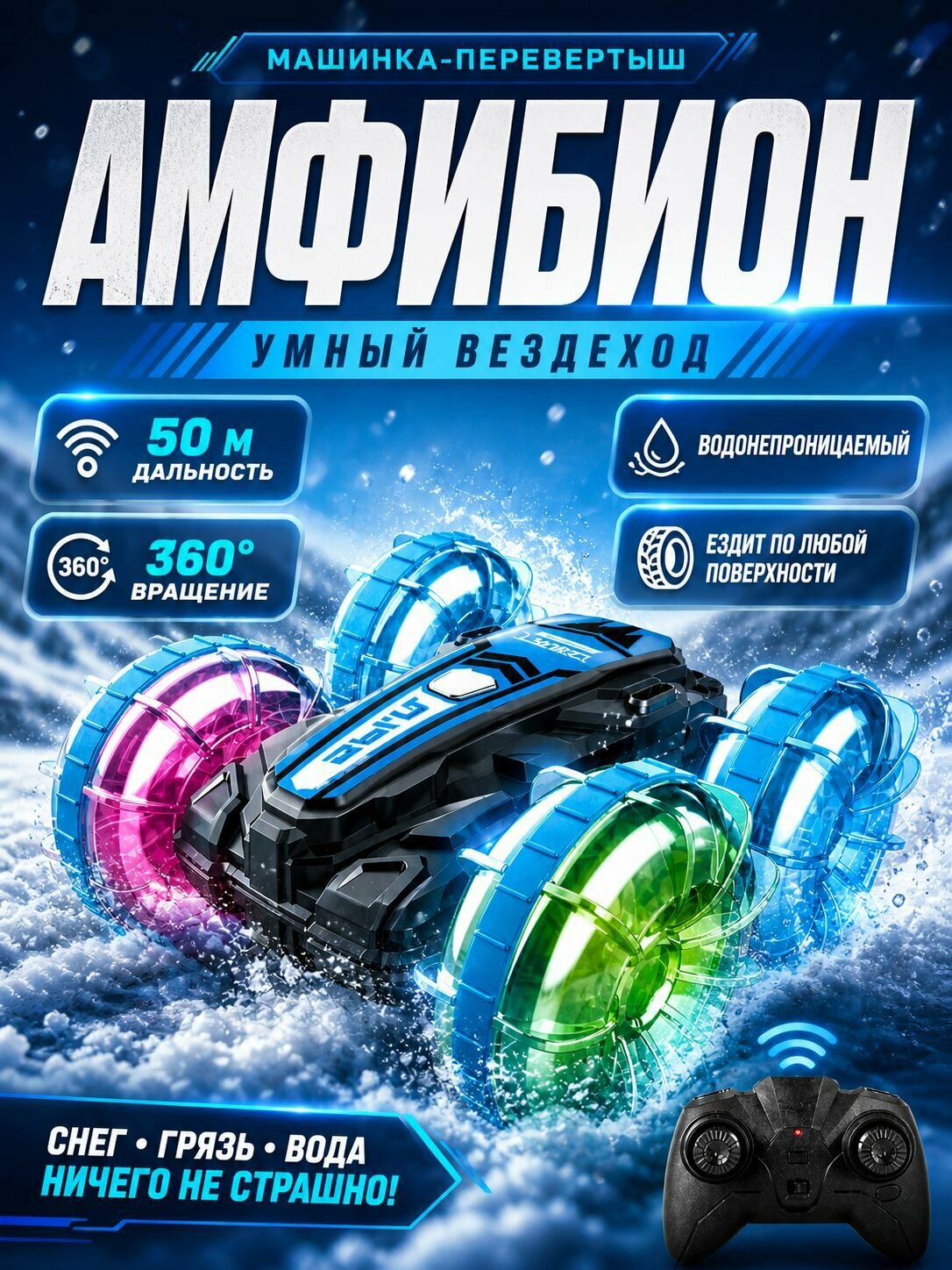 Машинка на пульте управления , амфибия , трюки 360 , полный привод 4WD, детская игрушка