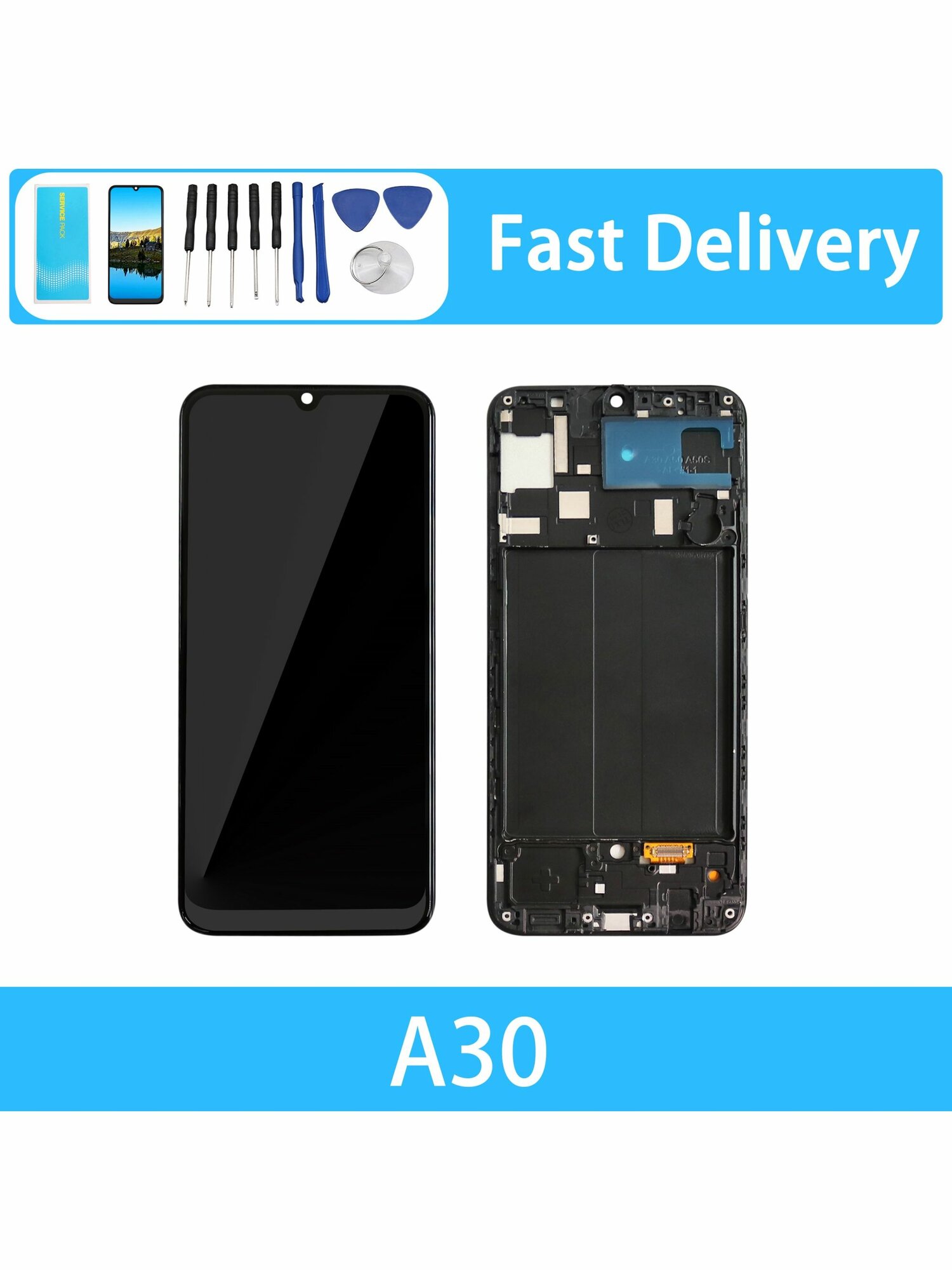 Дисплей для Samsung A30 / A50 (с рамкой), TFT LCD, 6.4", 720x1600, яркость 310 нит, рамка чёрная