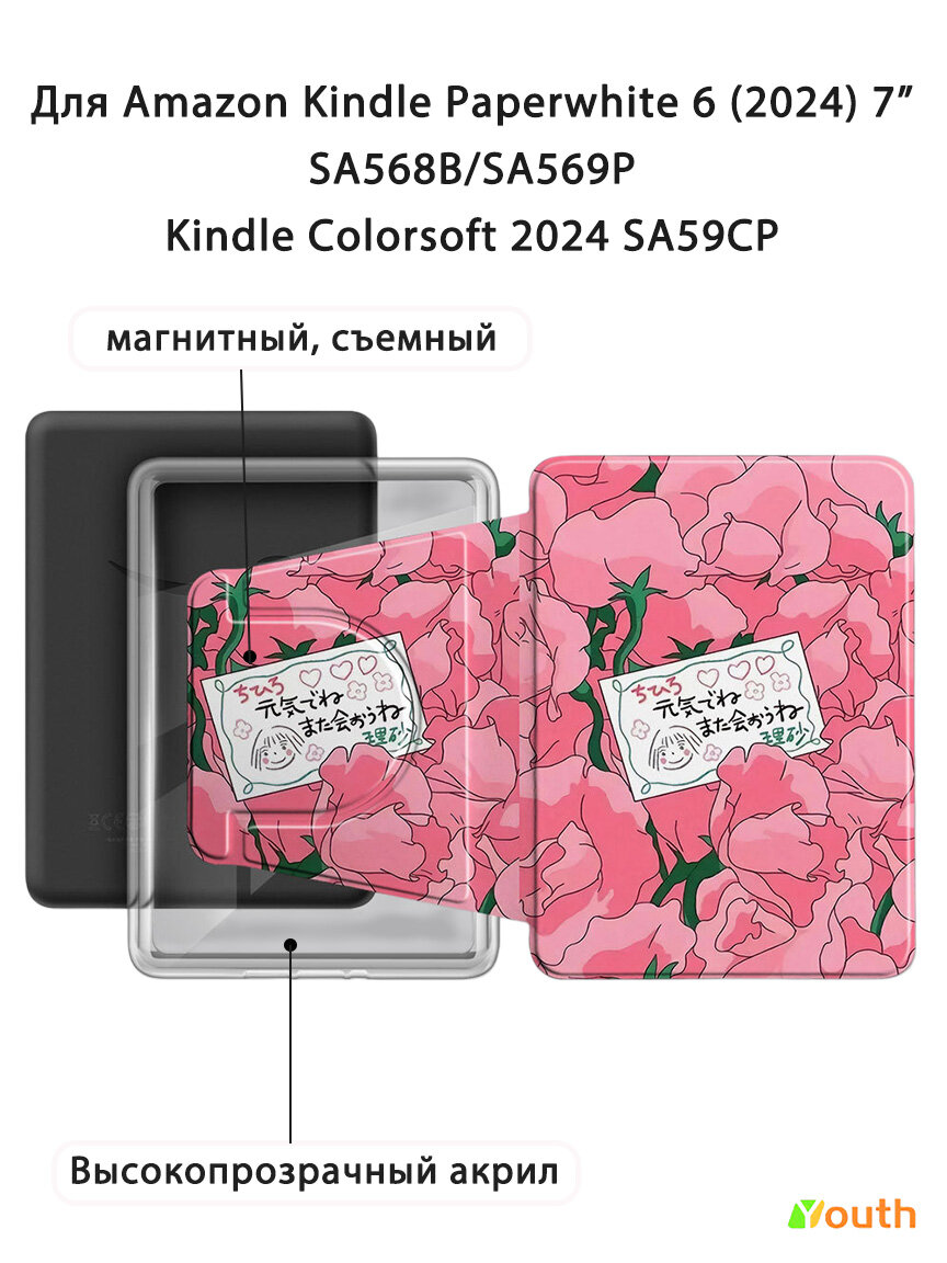 Чехол для Amazon Kindle Paperwhite 12 Gen (7", 2024)/Kindle Colorsoft (7", 2024), SA568B/SA569P/SA59CP, с магнитным разделением, Защитный чехол с ремешком для рук
