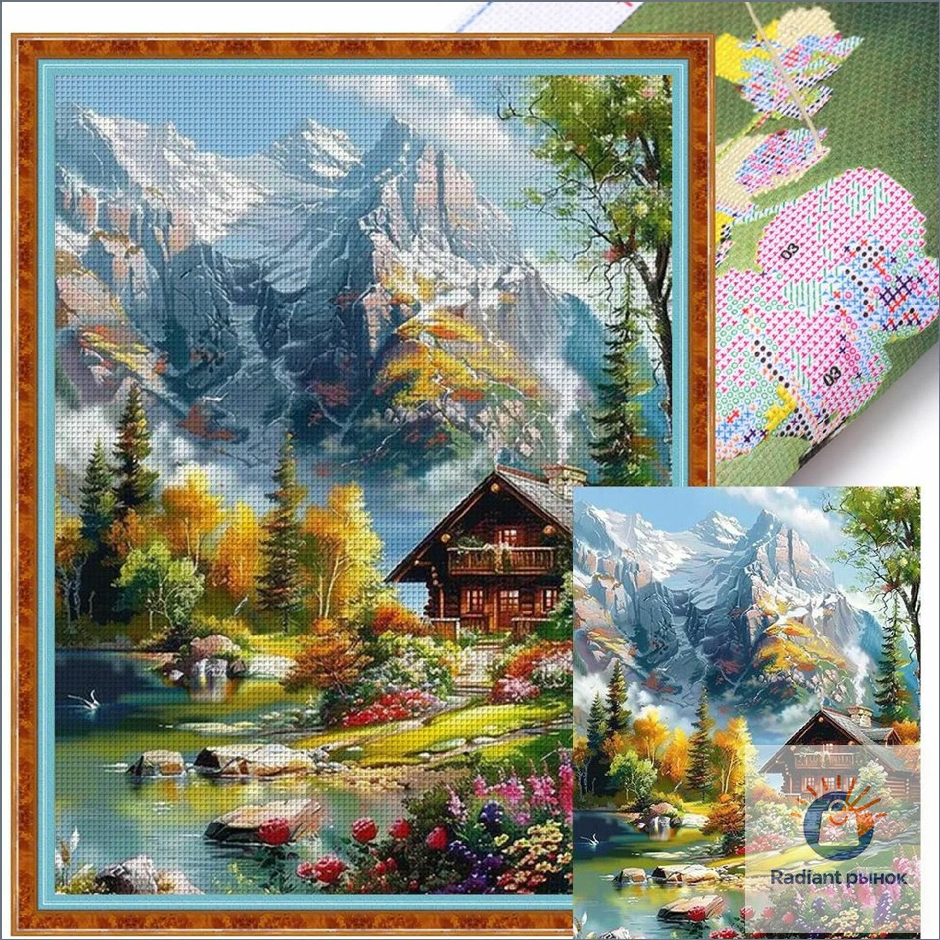 Комплект для вышивания крестиком: горный пейзаж с домиком, хлопок 11CT, 3 нити, рисунок напечатан, 45 60 см