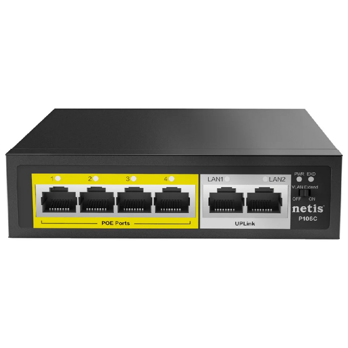 Коммутатор Netis (P106C) 6x100Mb 4PoE+ 58W неуправляемый, Черный, Сталь (металл), Неуправляемый PoE-коммутатор