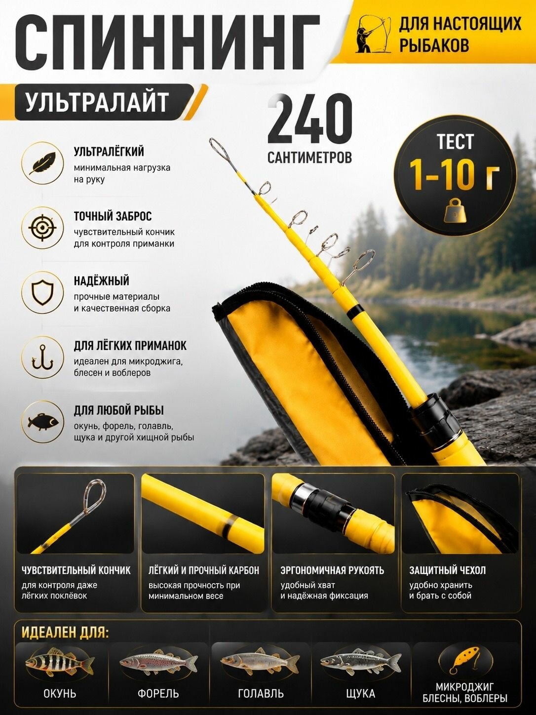 Спиннинг ультралайт телескопический 2,4 м тест 1 - 10 гр. Удочка для рыбалки. Чехол в комплекте.