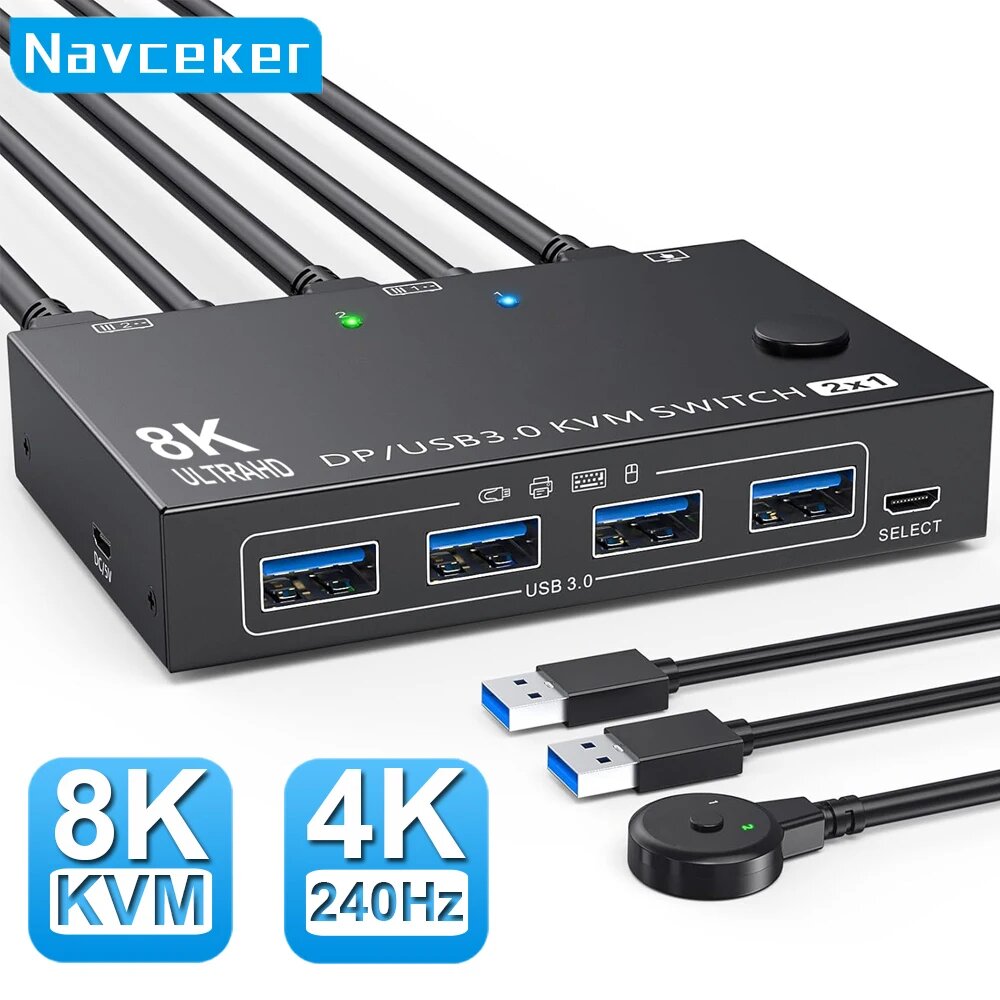 Navceker 4K 240Гц DP 2.1 KVM-переключатель 2 ПК