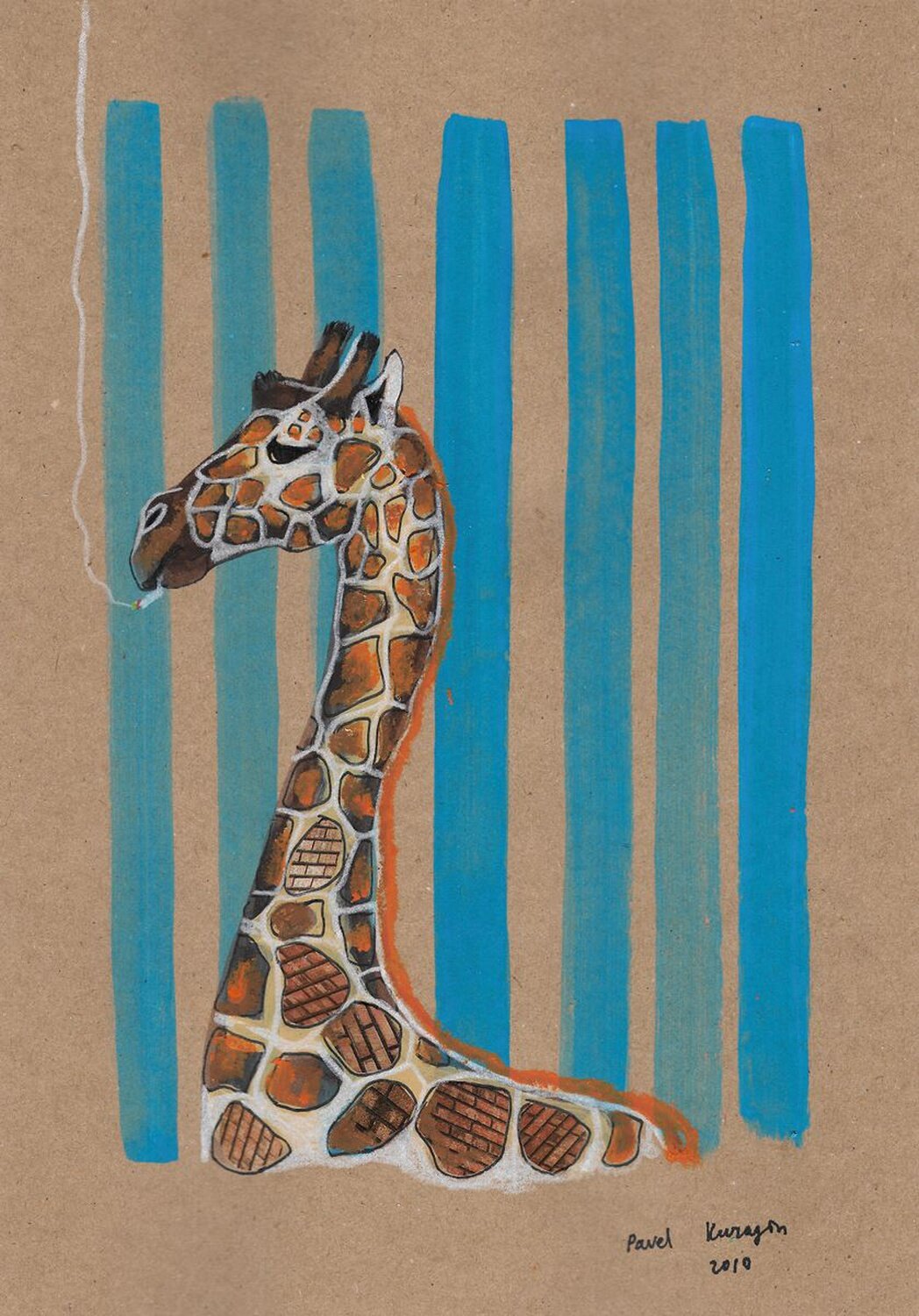Авторский коллаж и рисунок пастелью на бумаге Курящий жираф 4/ Smoking giraffe 4(2017). Единственный экземпляр. Художник Павел Курагин. 21х29,7 см