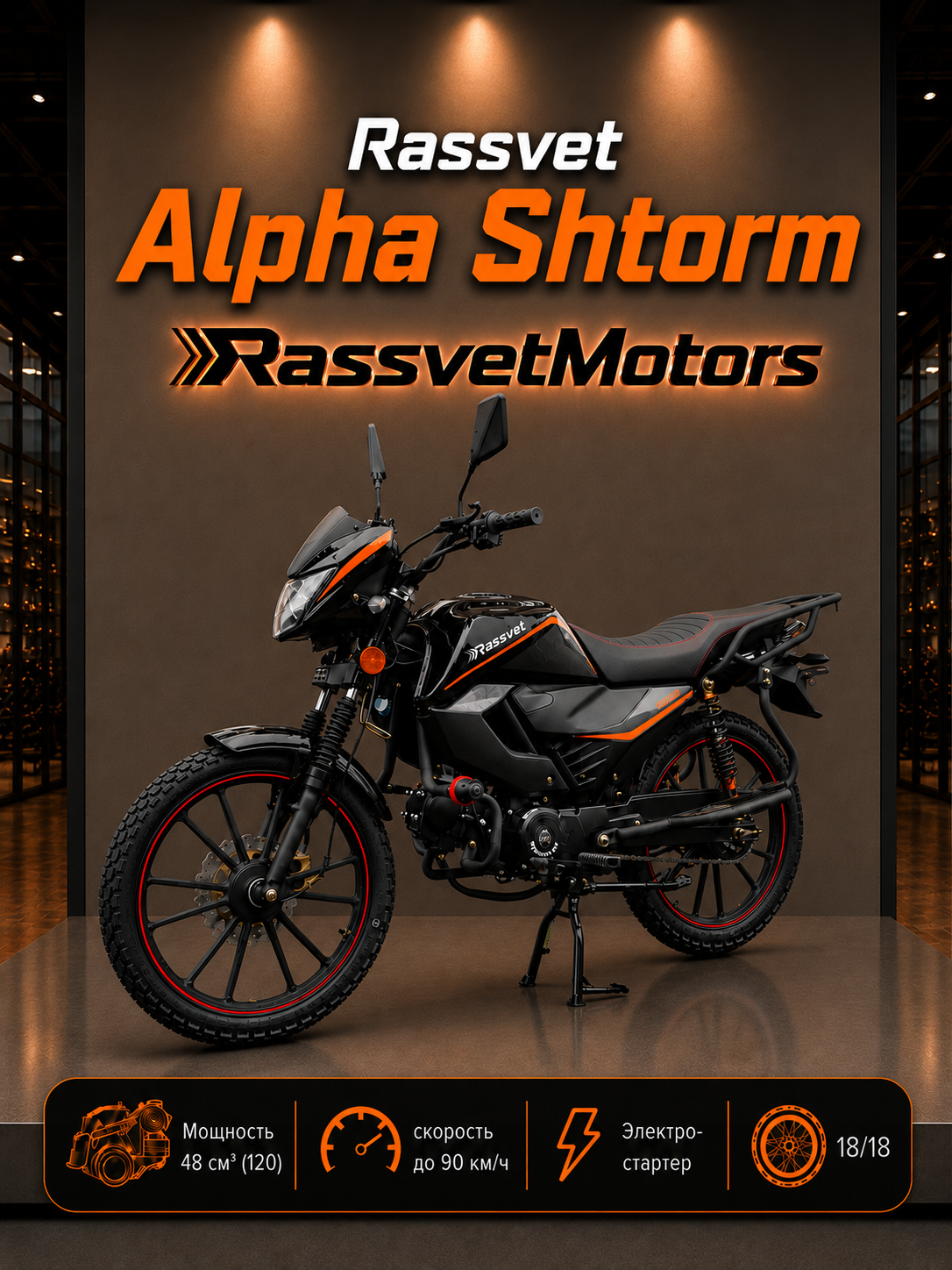 Мопед Rassvet Alpha Shtorm 48CC черный (120, 2026 г. в, 90 км/ч)