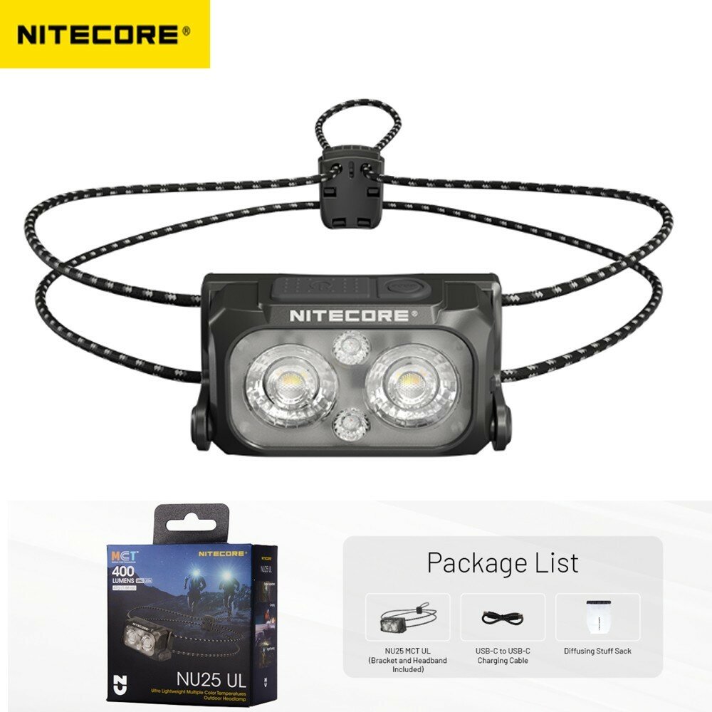 Налобный фонарь NiteCore NU25 MCT UL, 400 люмен, перезаряжаемый USB-C, сверхлёгкий,1,47,25.7,132,60, светодиоды, SOS, от батареек,400, IP66,33,