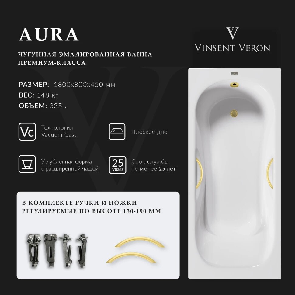 Ванна чугунная Vinsent Veron Aura VAU1808045H/VH0015MGD 180x80 см, с ручками, белый