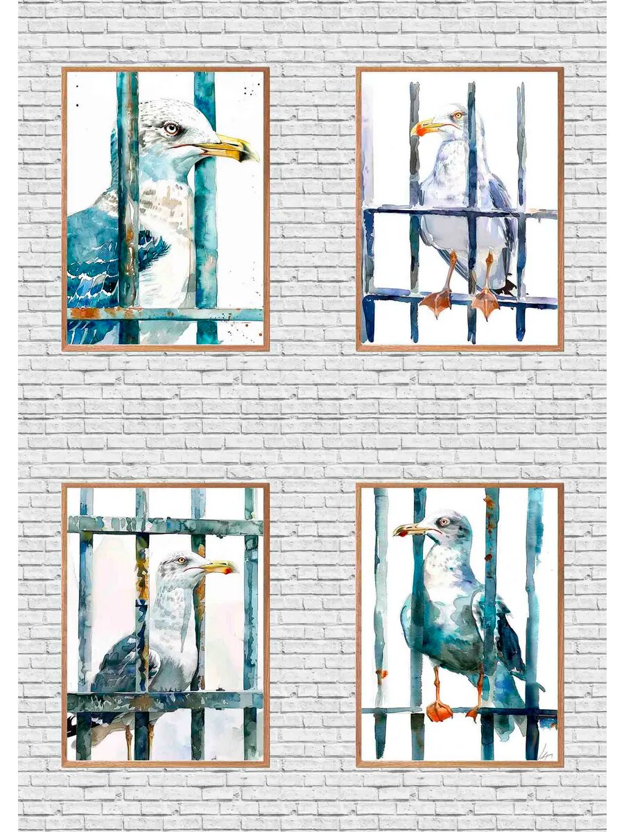 Птица-чайка, преступник в тюрьме, 4 Плаката, 30x21см