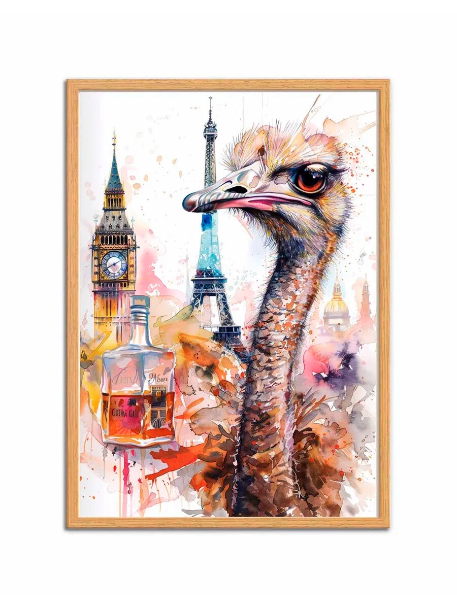 Птица Ворона пьет виски 3, Плакат 30x42см