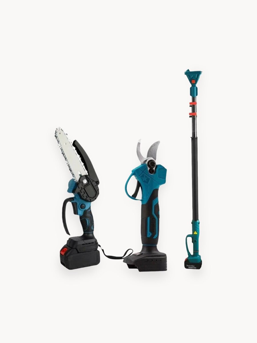 Набор для сада 3в1: цепная аккумуляторная пила, секатор и телескопическая ручка, 2 аккумулятора в комплекте