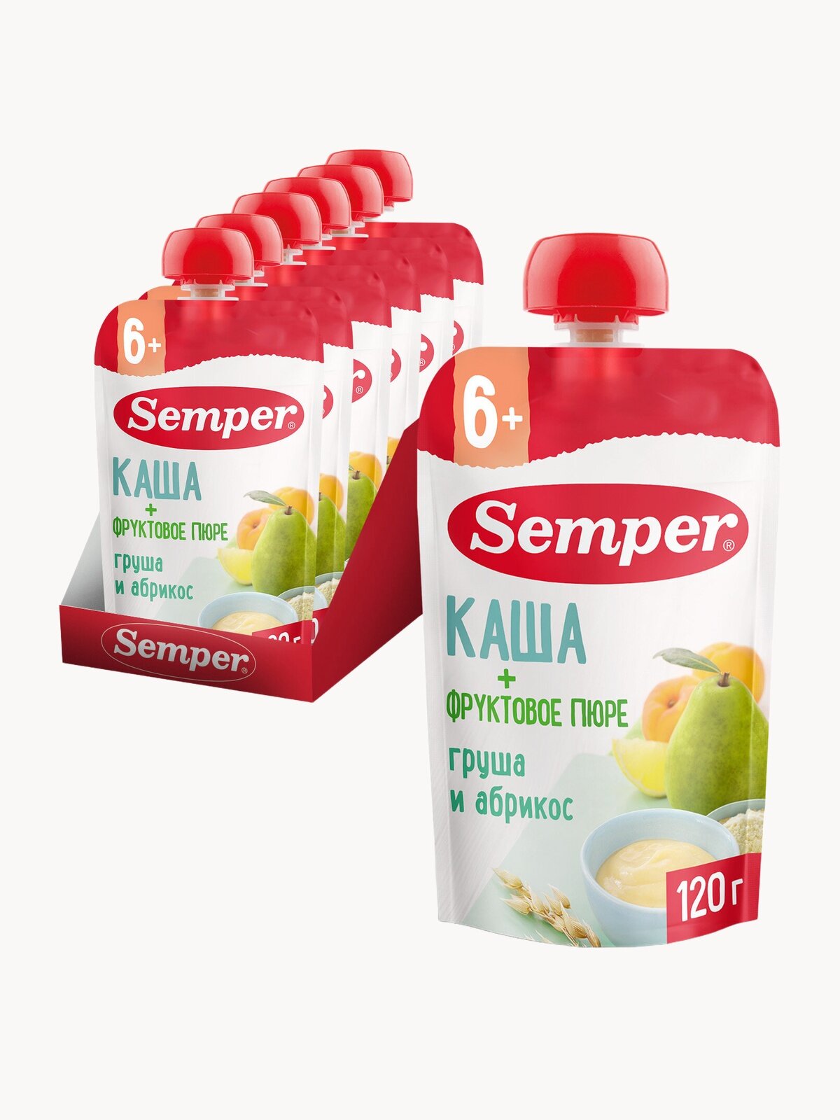 Детское питание Пюре фруктовое Semper Груша, абрикос, злаки, с 6 месяцев, 6х120г
