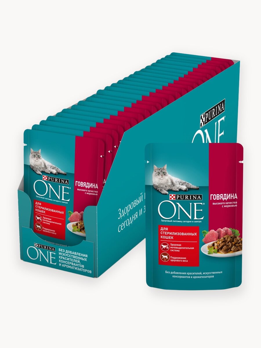 Влажный корм Purina One пауч для стерилизованных кошек Говядина и морковь, 75 г х 26 шт.