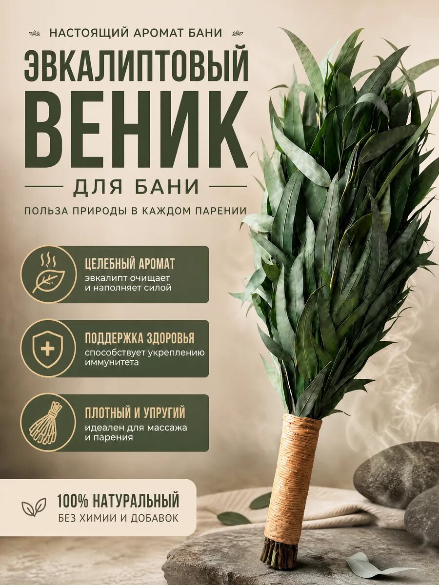 Веник для бани эвкалиптовый с ручкой 1 штука в коробке и в сетке