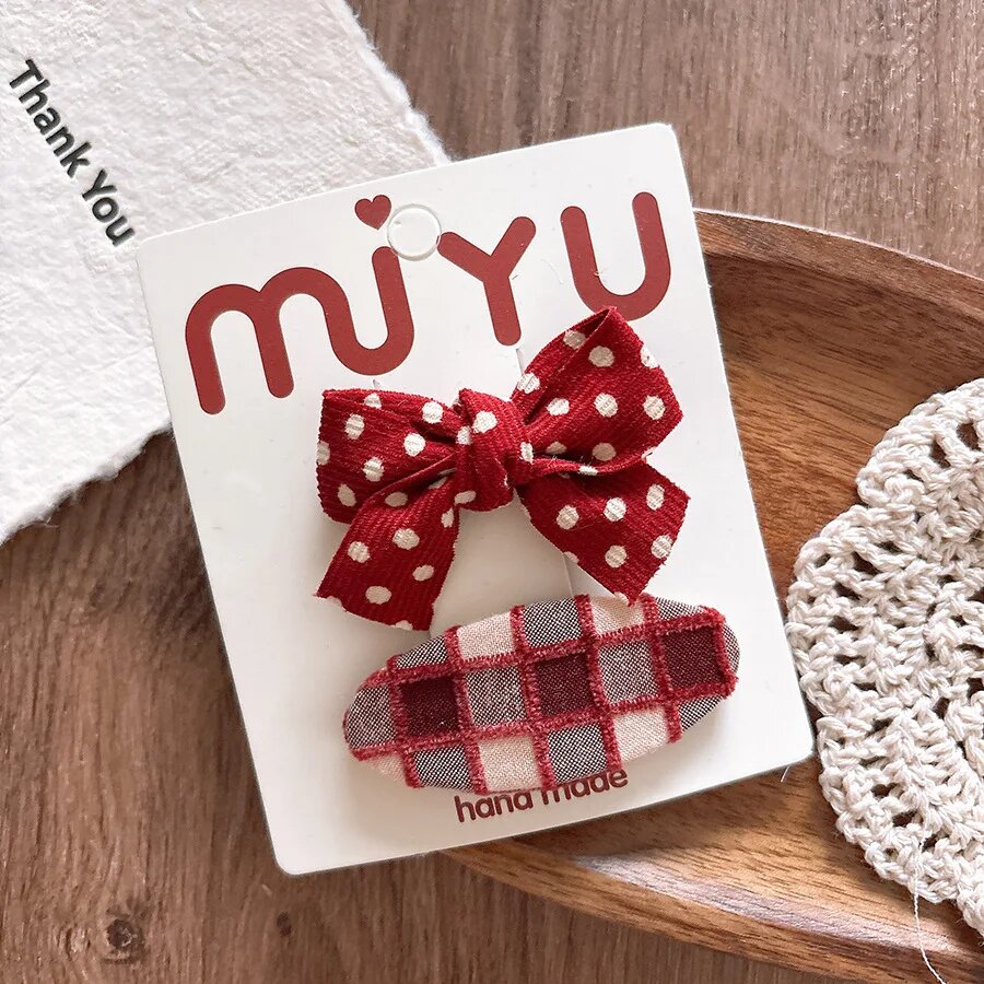 Корейские тканевые заколки с красным бантом для девочек 3-Polka dot