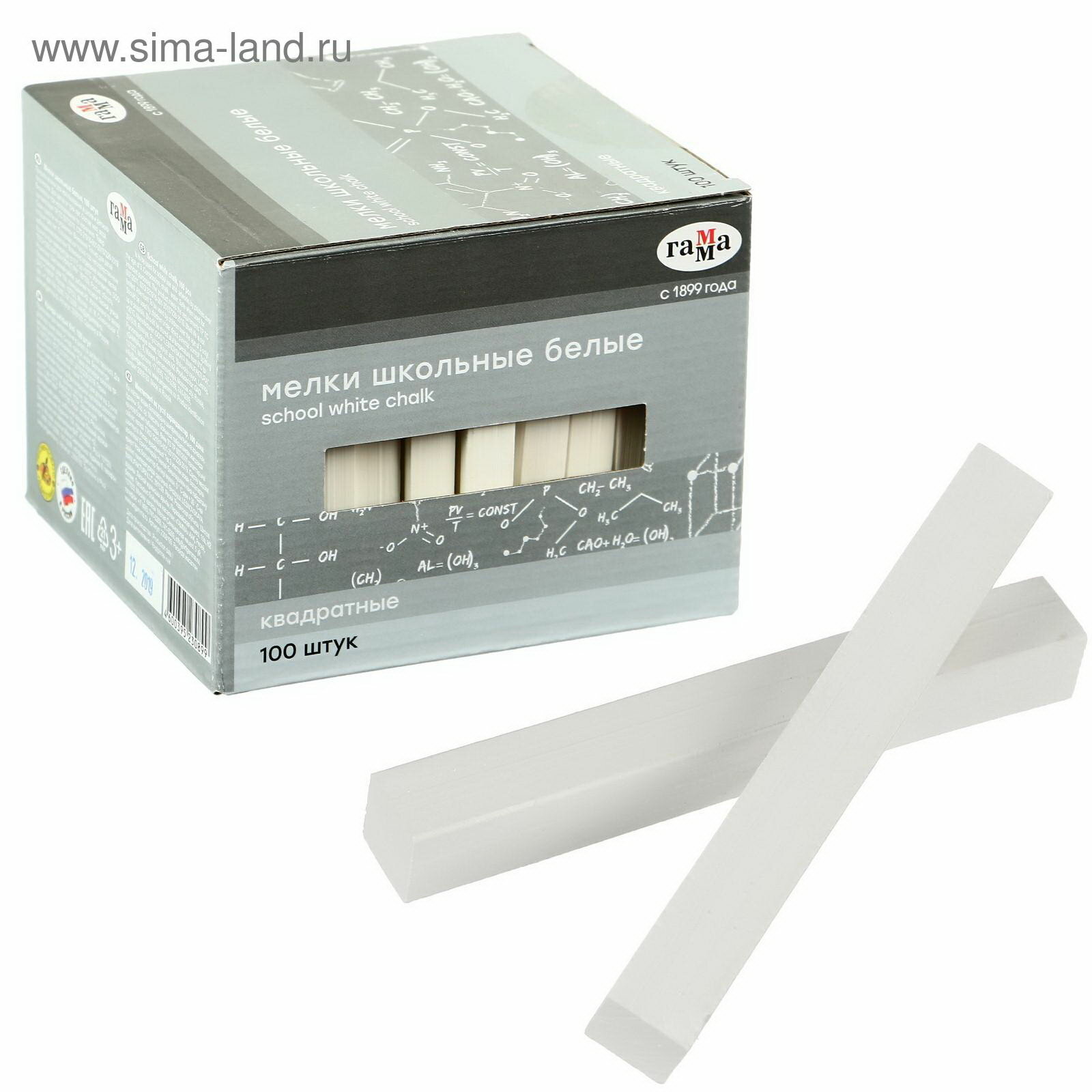 Мелки для рисования белые, 100 штук, мягкие, квадратная форма, картонная коробка