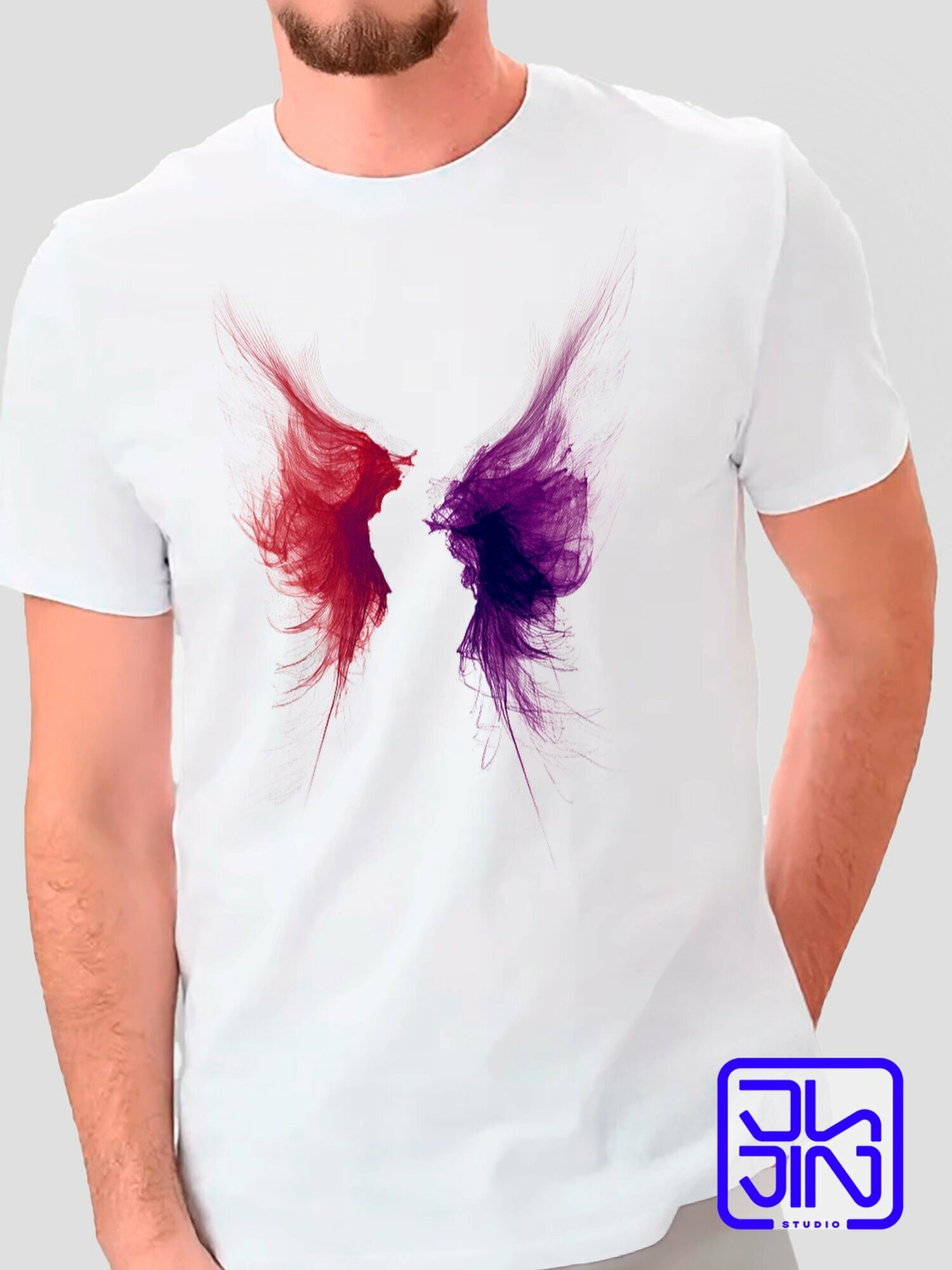 Футболка классическая мужская с авторским принтом Абстрактные белые крылья с красными и фиолетовыми перьями в стиле абстракции, белый хлопковый трикотаж с прикольным рисунком на груди