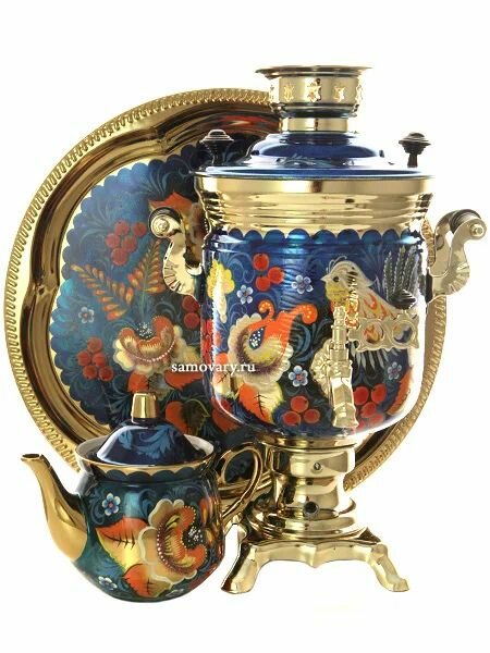 Электрический самовар в наборе 3 литра с художественной росписью "Хохлома на синем фоне мелкая" с автоматическим отключением при закипании