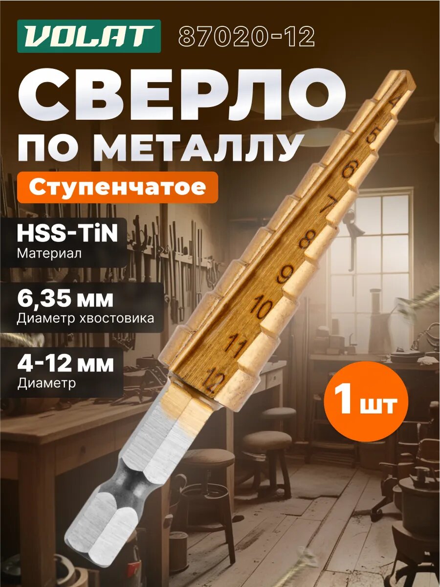 Сверло по металлу ступенчатое 4-12 мм волат HSS TiN (87020-12)