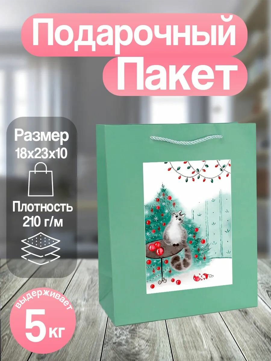 Подарочный пакет маленький зеленый новый год, упаковка для подарка, 18х23 см