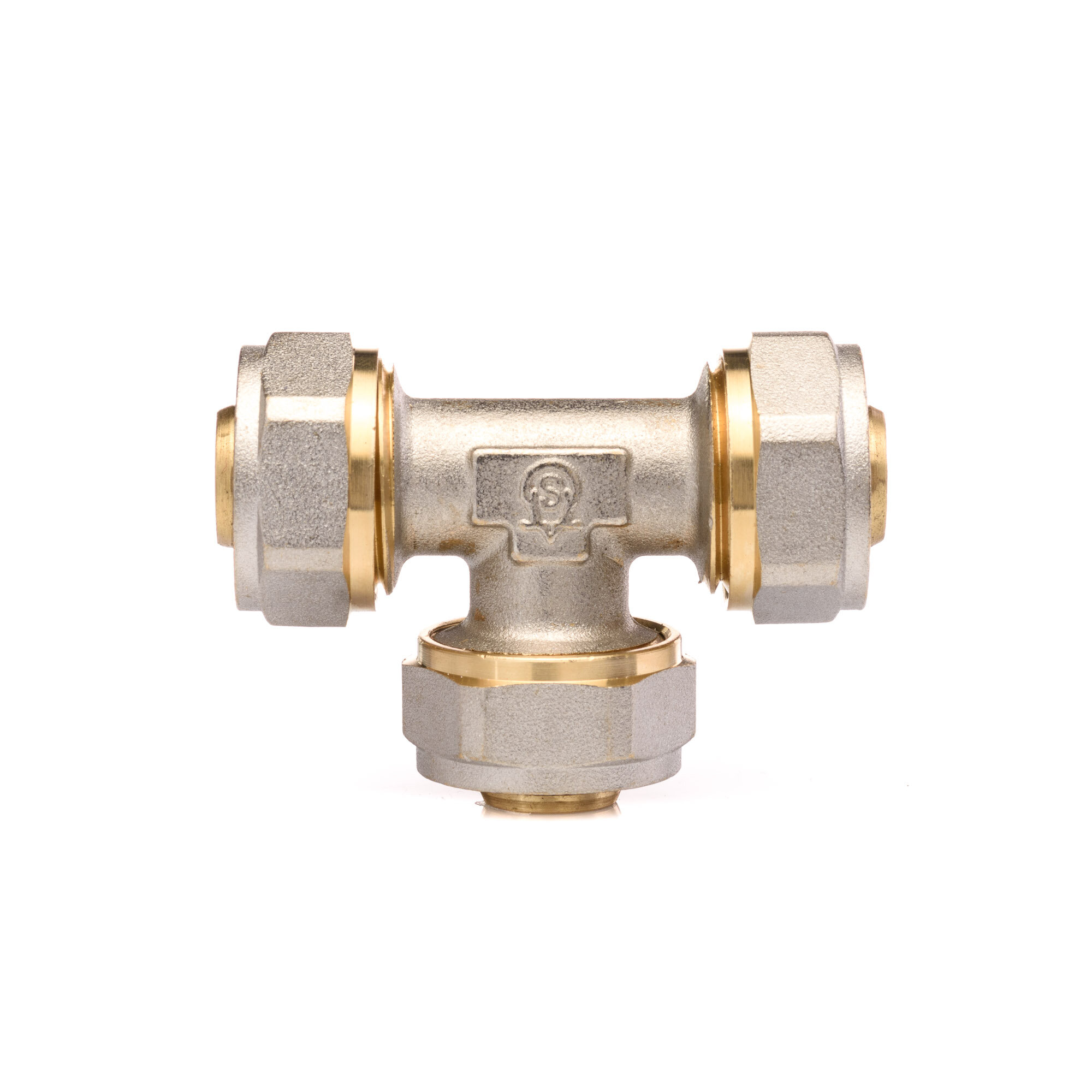 Фитинг тройник обжимной TST, для металлопластиковых и стальных труб, латунь, никелированный, 16 х 16 x 16 мм