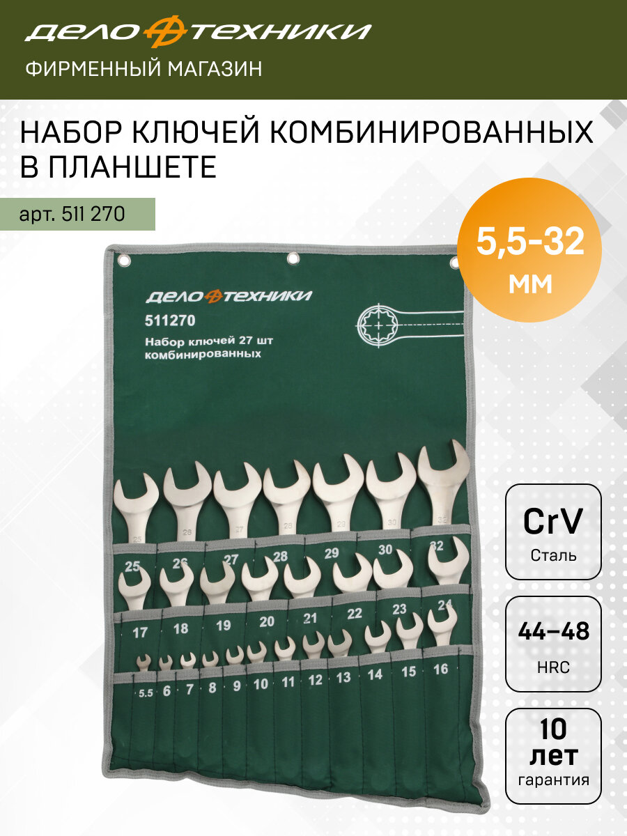 Набор ключей комбинированных 27 штук, планшет тетрон, Дело Техники, 511270