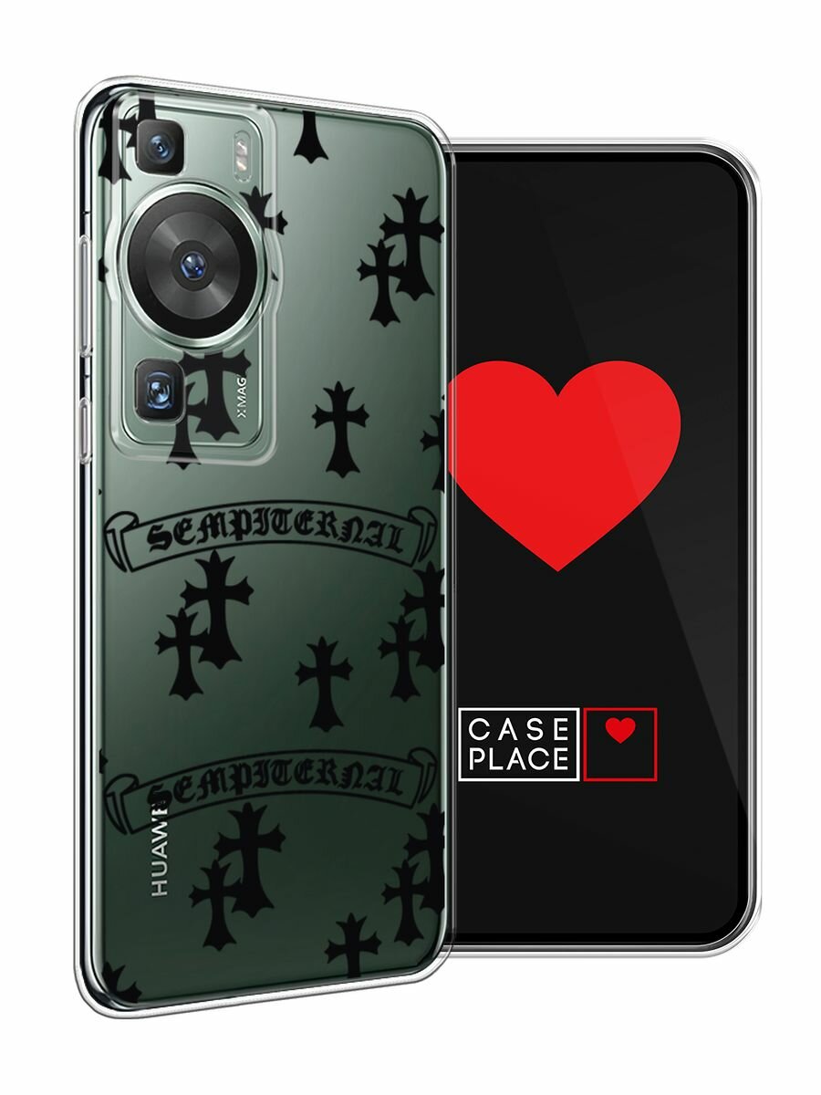 Чехол на Huawei P60/P60 Pro / Хуавей P60/P60 Про с принтом "Кресты паттерн чёрный", прозрачный — фото 1