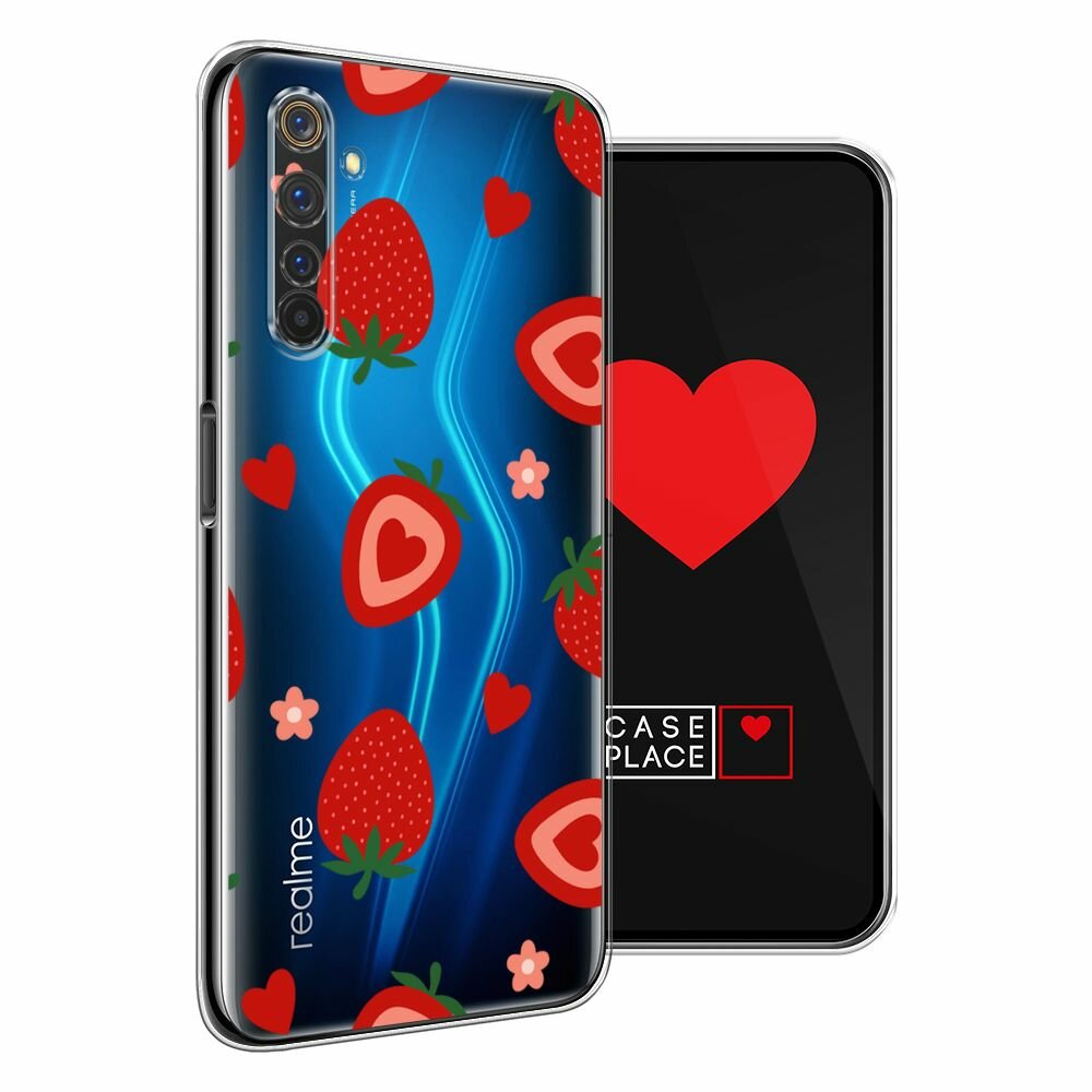 Чехол на Realme 6 Pro / Реалми 6 Про с принтом "Heart strawberries 2 - 14 февраля", прозрачный — фото 1