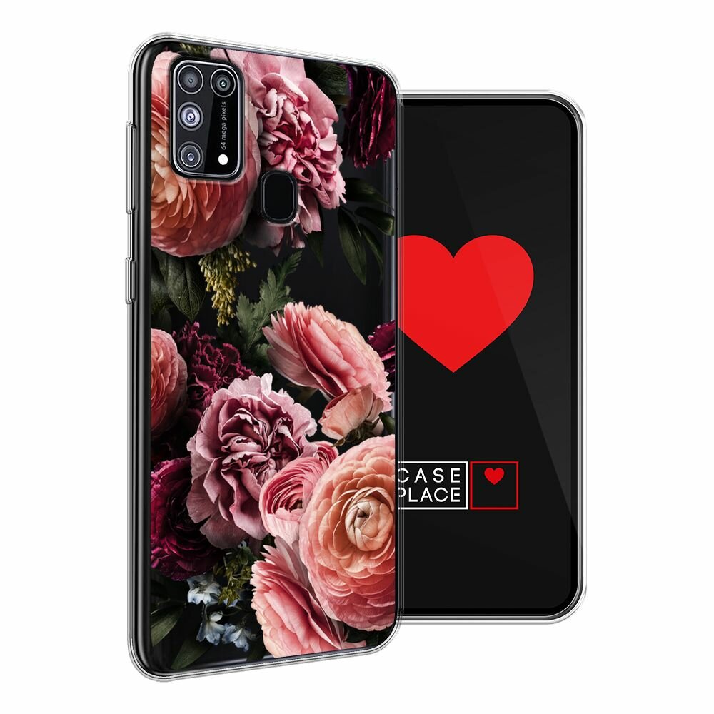 Чехол на Samsung Galaxy M31 / Самсунг Галакси М31 с принтом "Бордовые винтажные цветы", прозрачный — фото 1
