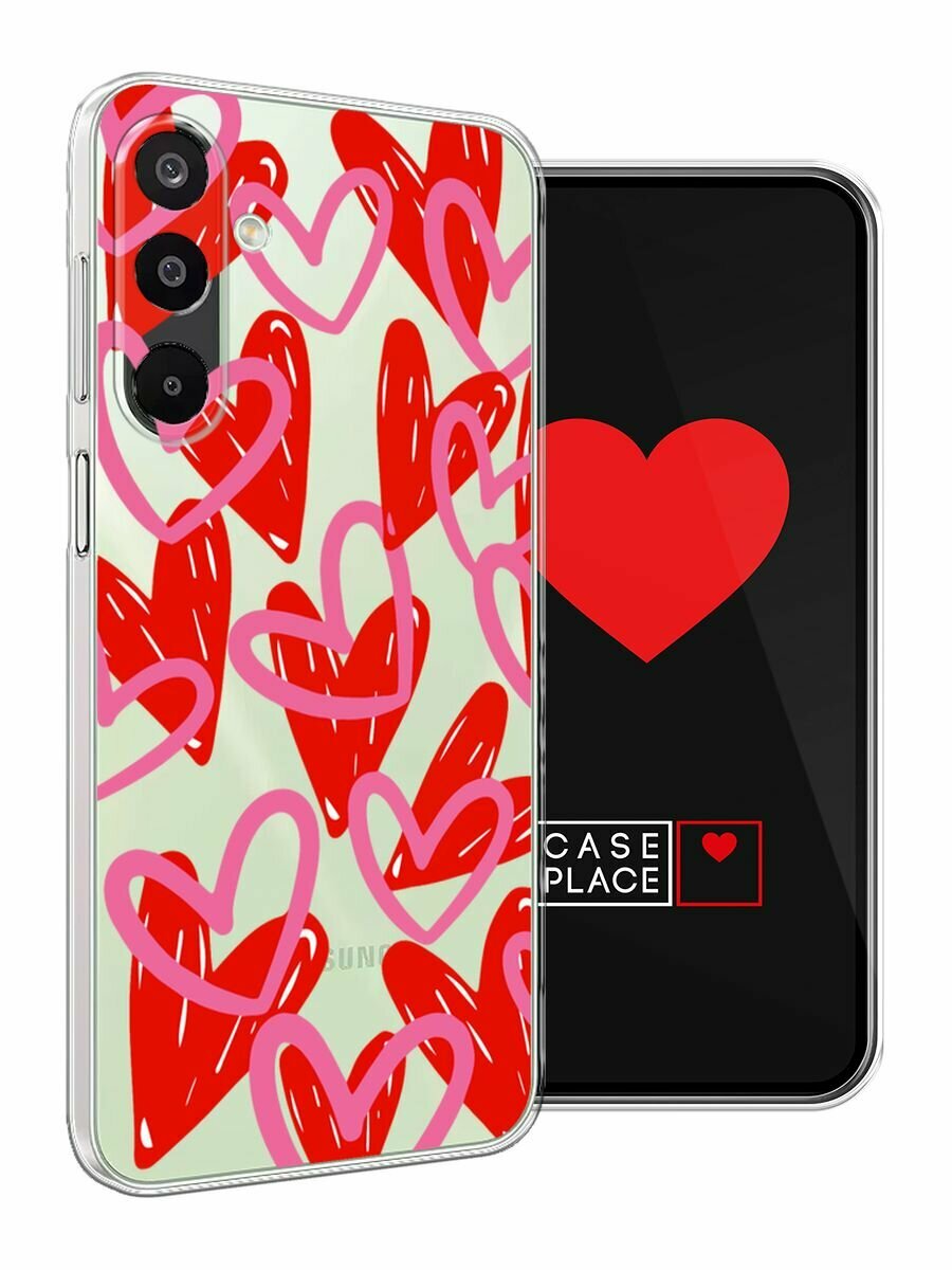 Чехол на Samsung Galaxy M16 / Самсунг Галакси М16 с принтом "Hearts doodles - 14 февраля", прозрачный — фото 1