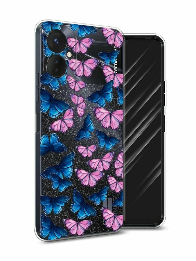 Чехол на Tecno Spark 9 Pro / Техно Спарк 9 Про с принтом Розовые и голубые бабочки, прозрачный
