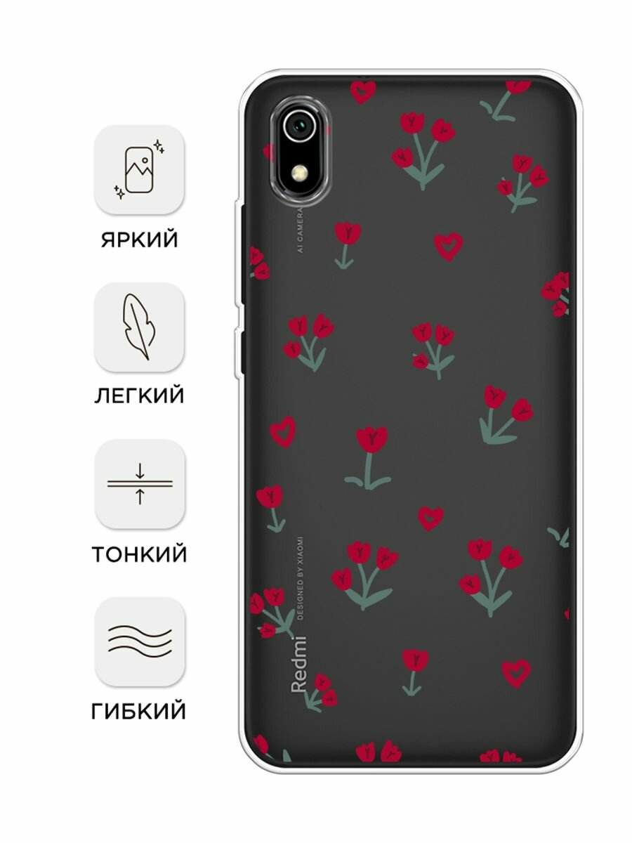 Чехол на Xiaomi Redmi 7A / Сяоми Редми 7А с принтом "Красные тюльпанчики", прозрачный — фото 1