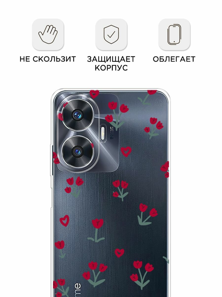 Чехол на Realme C55 / Реалми C55 с принтом "Красные тюльпанчики", прозрачный — фото 1