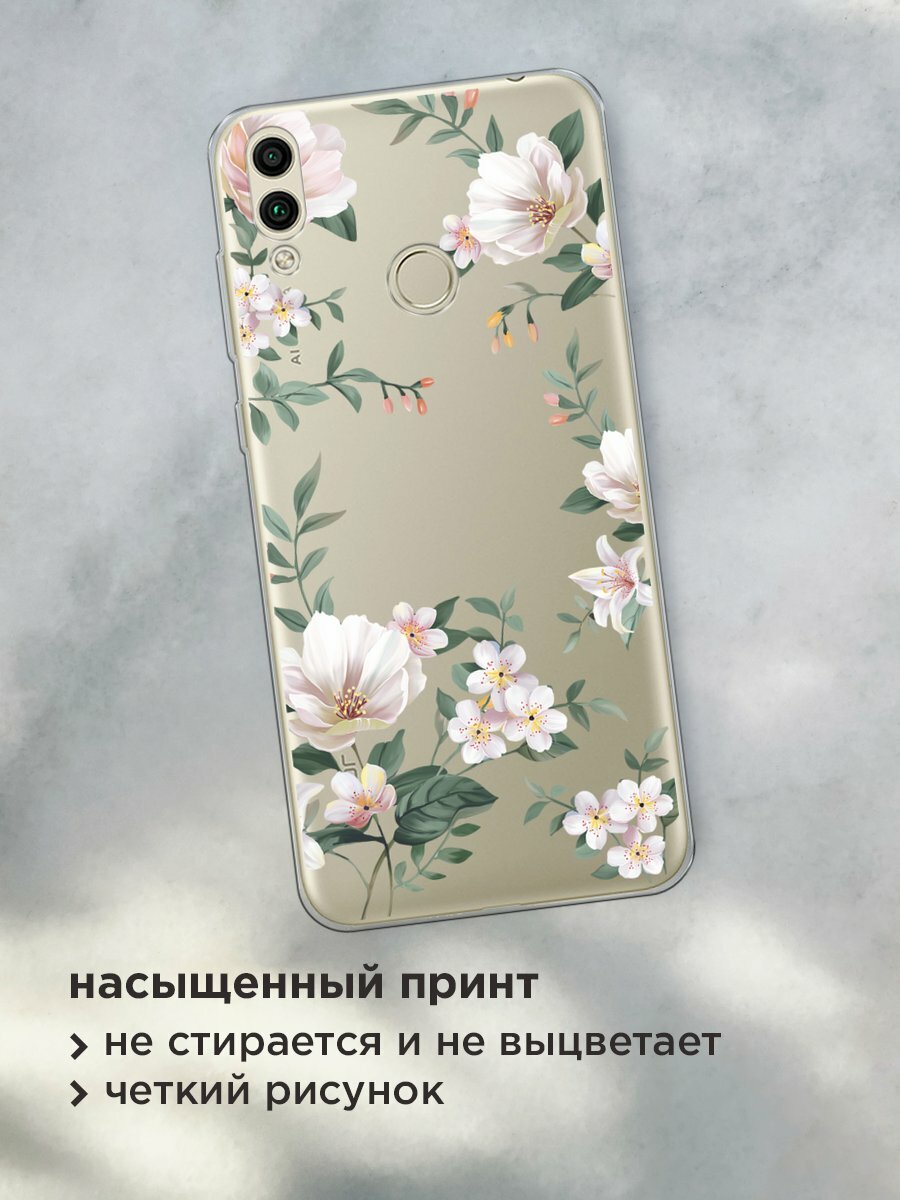 Чехол на Honor 8C / Хонор 8С с принтом "Beautiful white flowers", прозрачный — фото 1