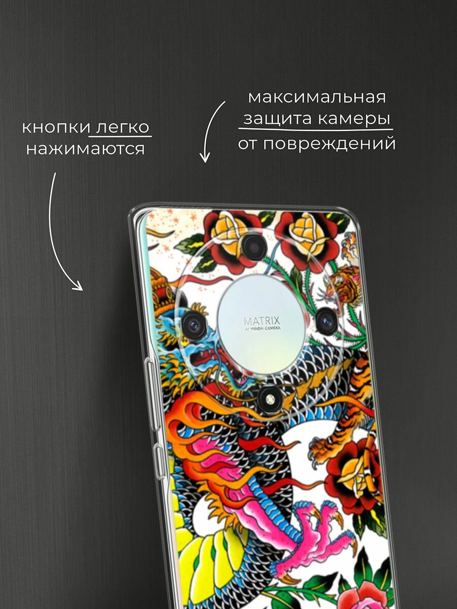 Силиконовый чехол на Honor X9A / Хонор X9A с принтом "Дракон в цветах" — фото 1