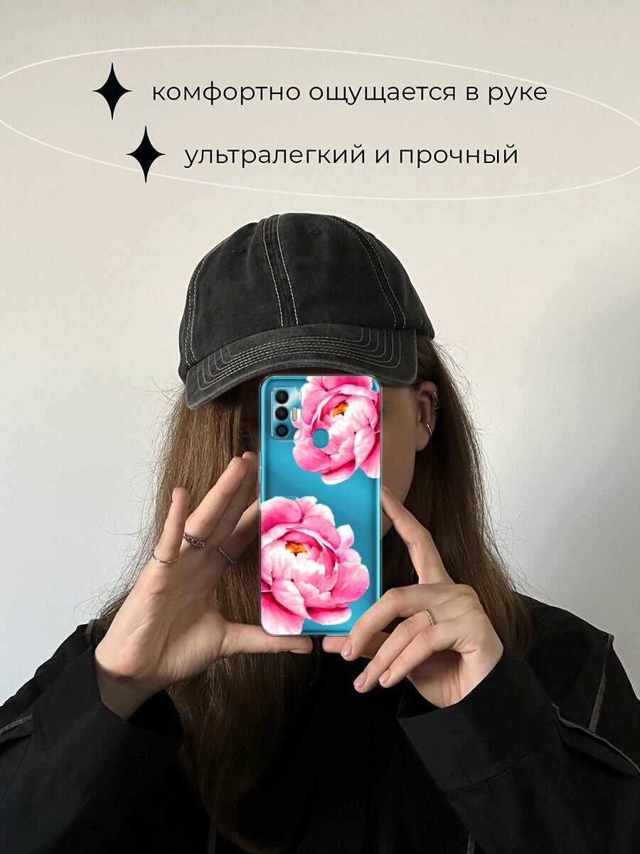 Чехол на Tecno Spark 7 / Техно Спарк 7 с принтом "Open peonies", прозрачный — фото 1