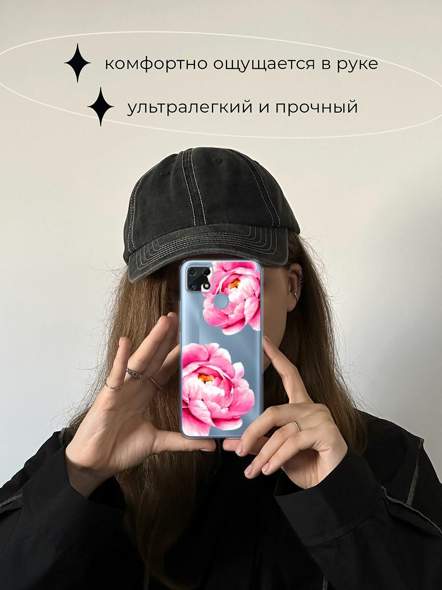 Чехол на Realme C25/C25s / Реалми С25/C25s с принтом "Open peonies", прозрачный — фото 1