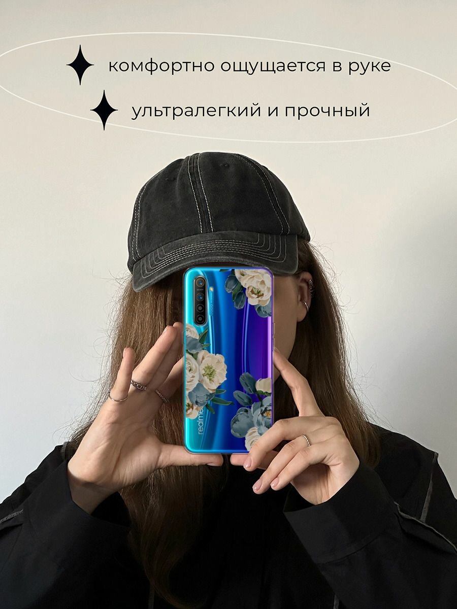 Чехол на Realme XT / Реалми XT с принтом "Бежевые и голубые бутоны" — фото 1
