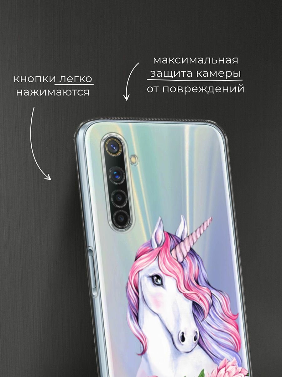 Чехол на Realme 6 / Реалми 6 с принтом "Единорог с пионами", прозрачный — фото 1