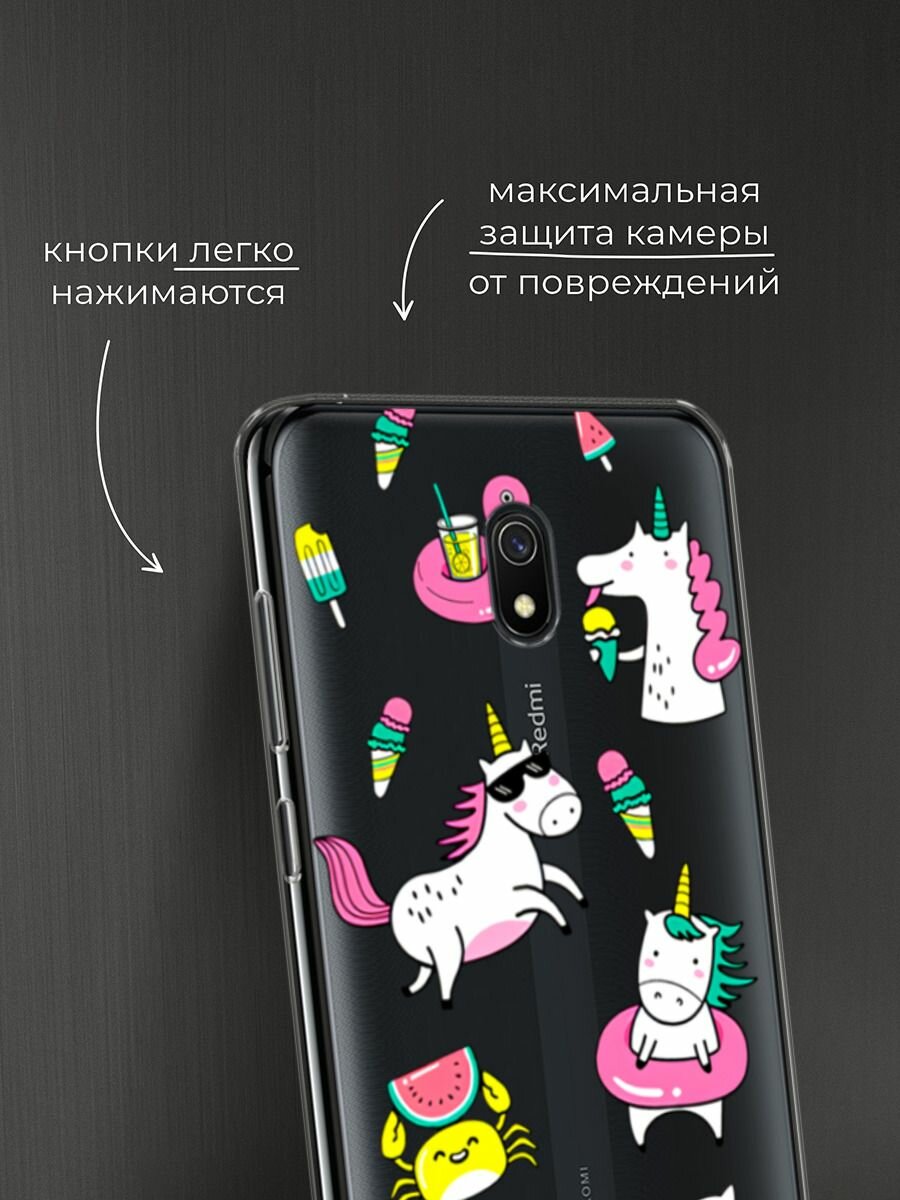 Чехол на Xiaomi Redmi 8A / Сяоми Редми 8А с принтом "Единороги в отпуске", прозрачный — фото 1